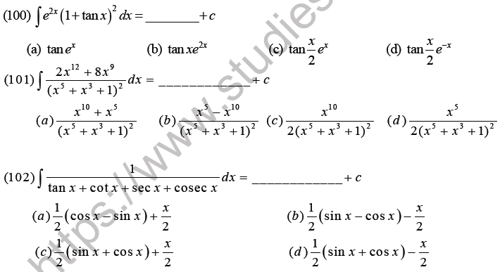 JEE Mathematics Indefinite Integrals MCQs Set C with Answers